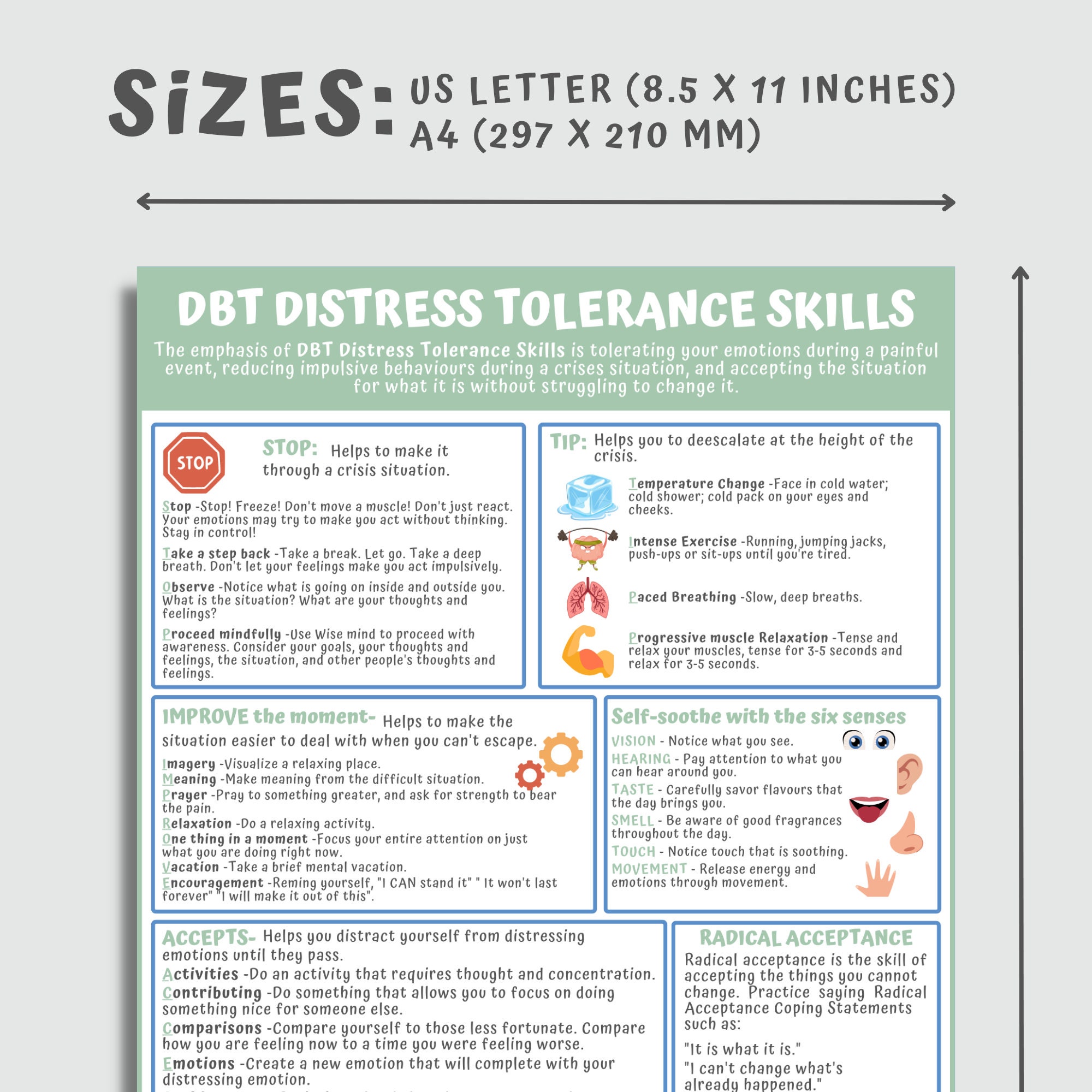 DBT Distress Tolerance Coping Skills Handout Poster, Dialectical ...