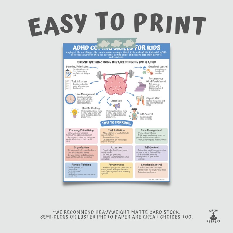 ADHD Coping Skills Handout for Kids: Executive Functioning Strategies ...