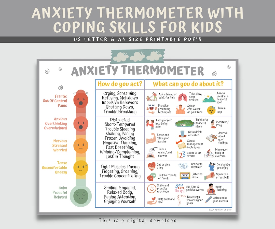 Anxiety Thermometer With Coping Skills, Feelings Emotions Poster Kids ...