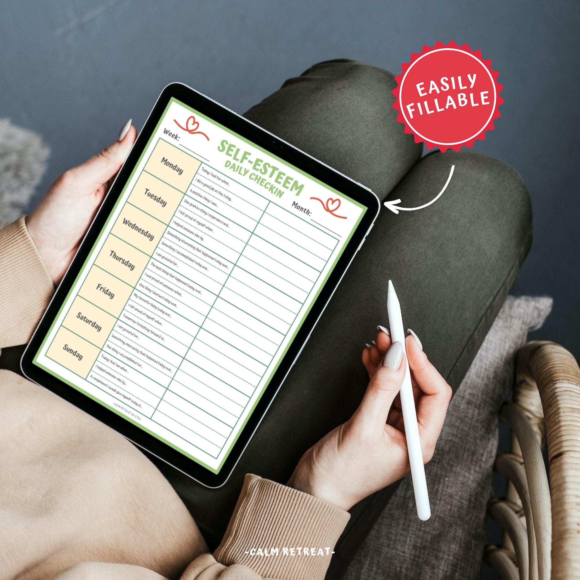 Self Esteem Daily Checkin Printable Fillable Worksheet for Kids and ...