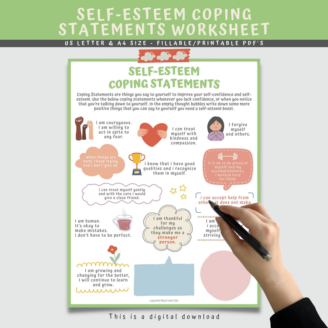 Self-esteem, Coping Statements Worksheet for Kids Teens, Growth Mindset ...