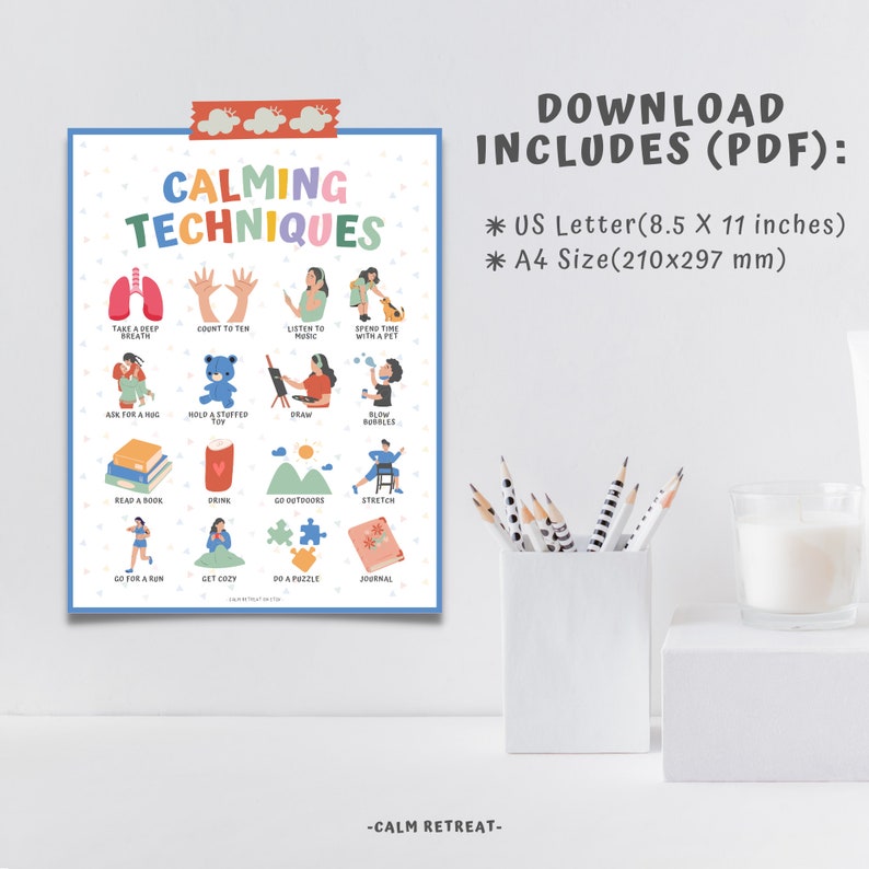 Calming Techniques Poster, Coping Techniques Wall Art for Kids, Calm ...