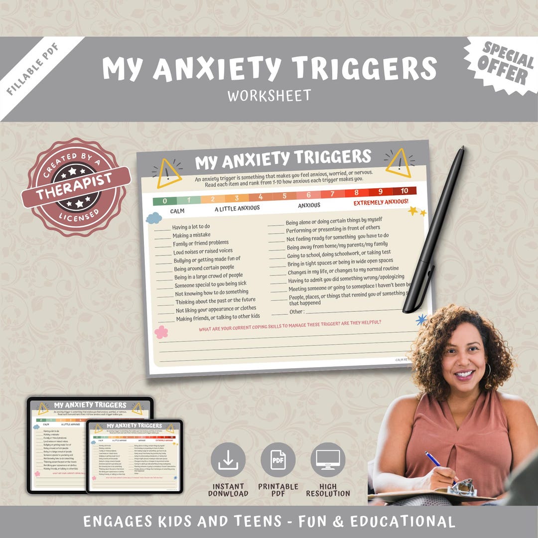 Anxiety Triggers Fillable Worksheet Kids Children With Anxiety Scale ...