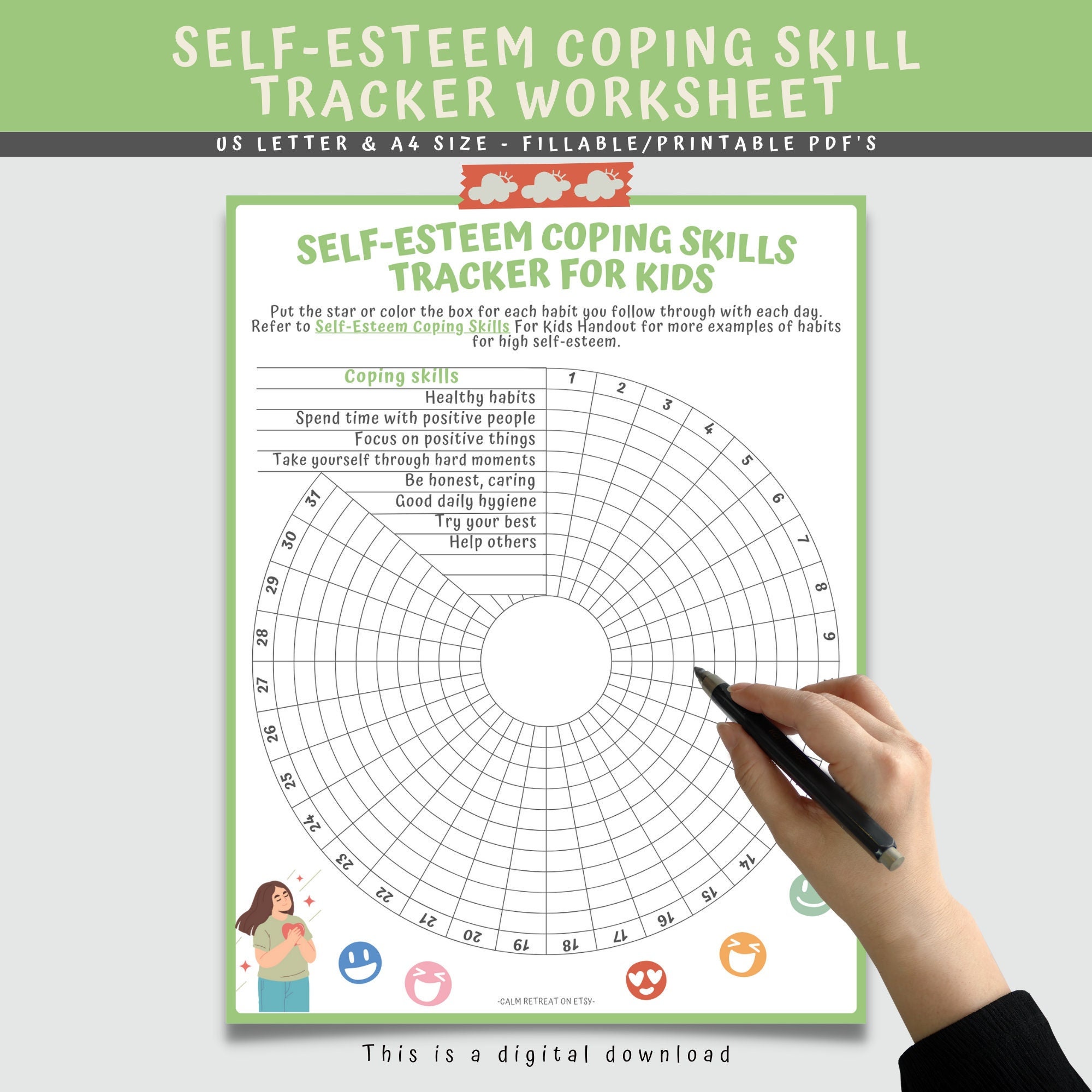 Self-esteem Coping Skills Tracker for Kids Fillable Worksheet Mental ...