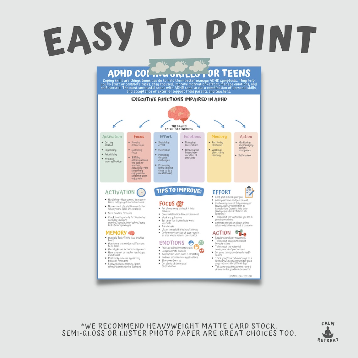 ADHD Coping Skills Handout Poster for Teens, Executive Functioning ...