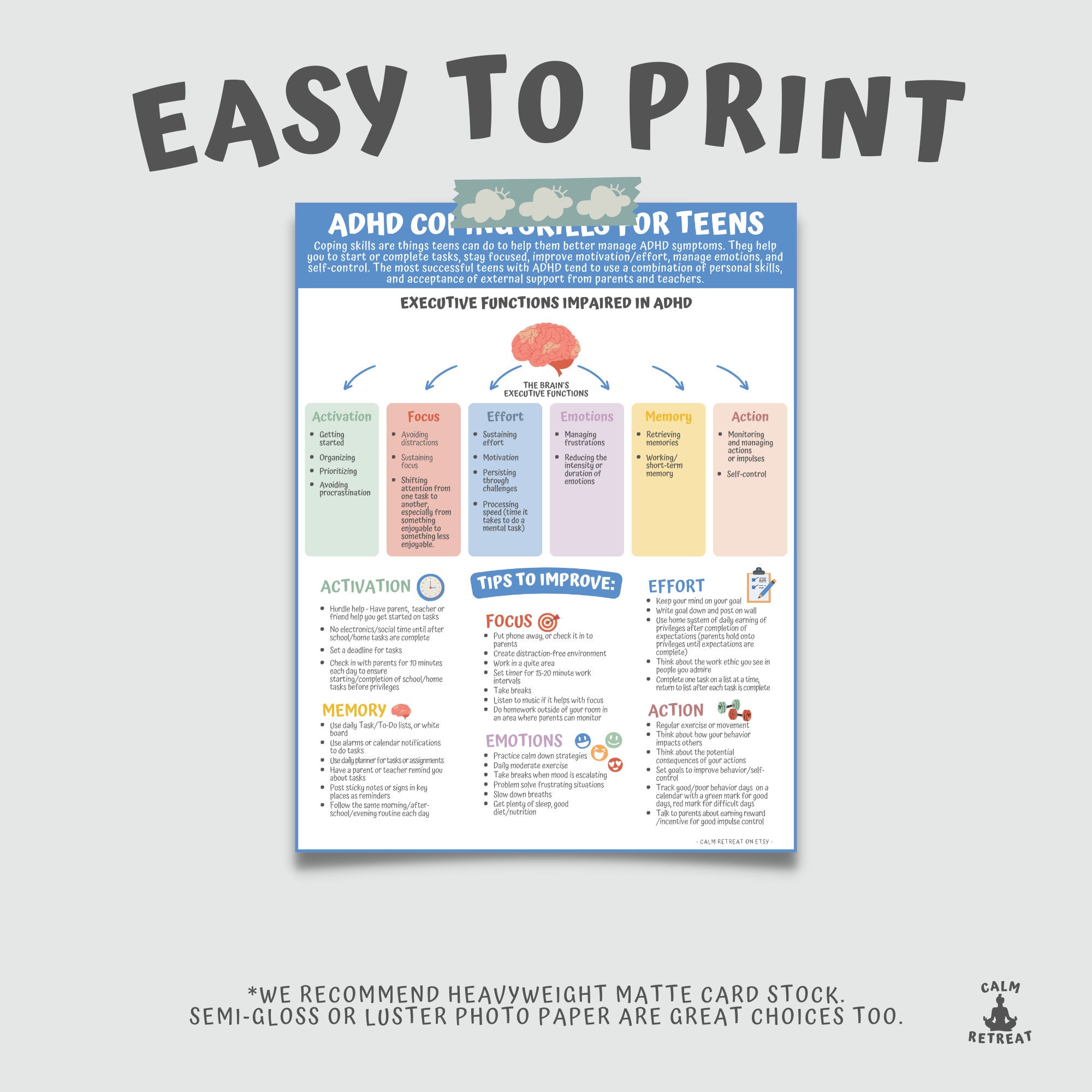 ADHD Coping Skills Handout Poster for Teens: Executive Functioning ...