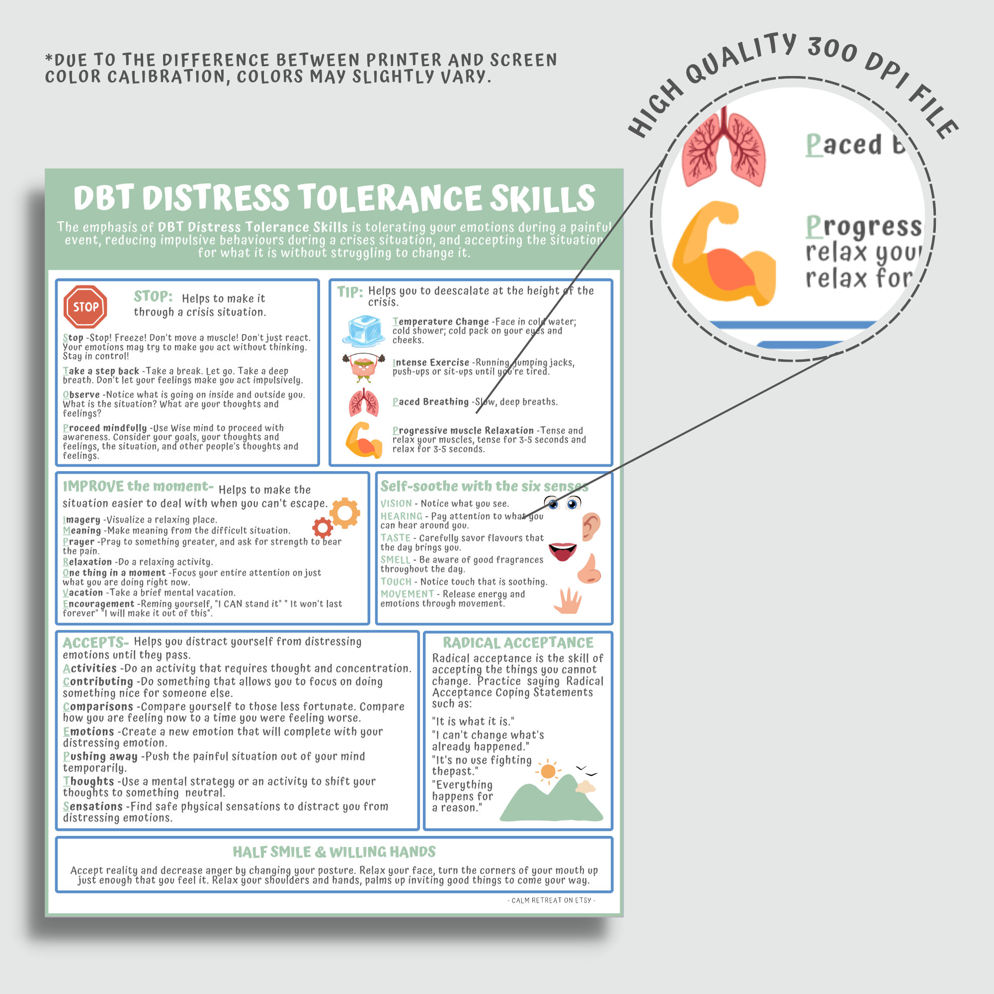 DBT Distress Tolerance Coping Skills Handout Poster, Dialectical ...