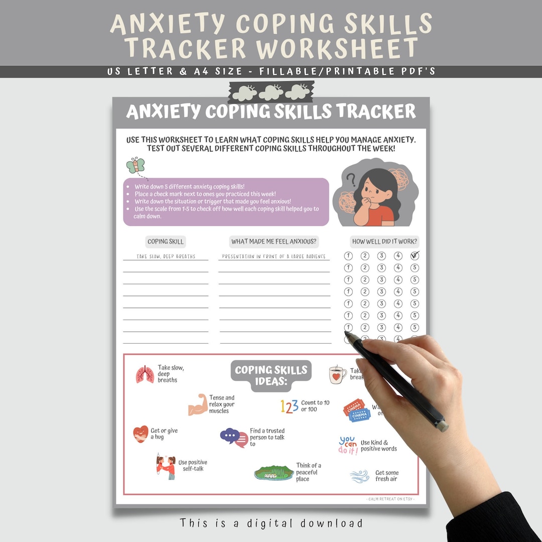 Anxiety Coping Skills Tracker Fillable Worksheet Kids, Mental Health ...