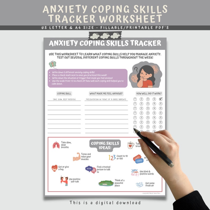Anxiety Coping Skills Tracker Fillable Worksheet Kids, Mental Health ...