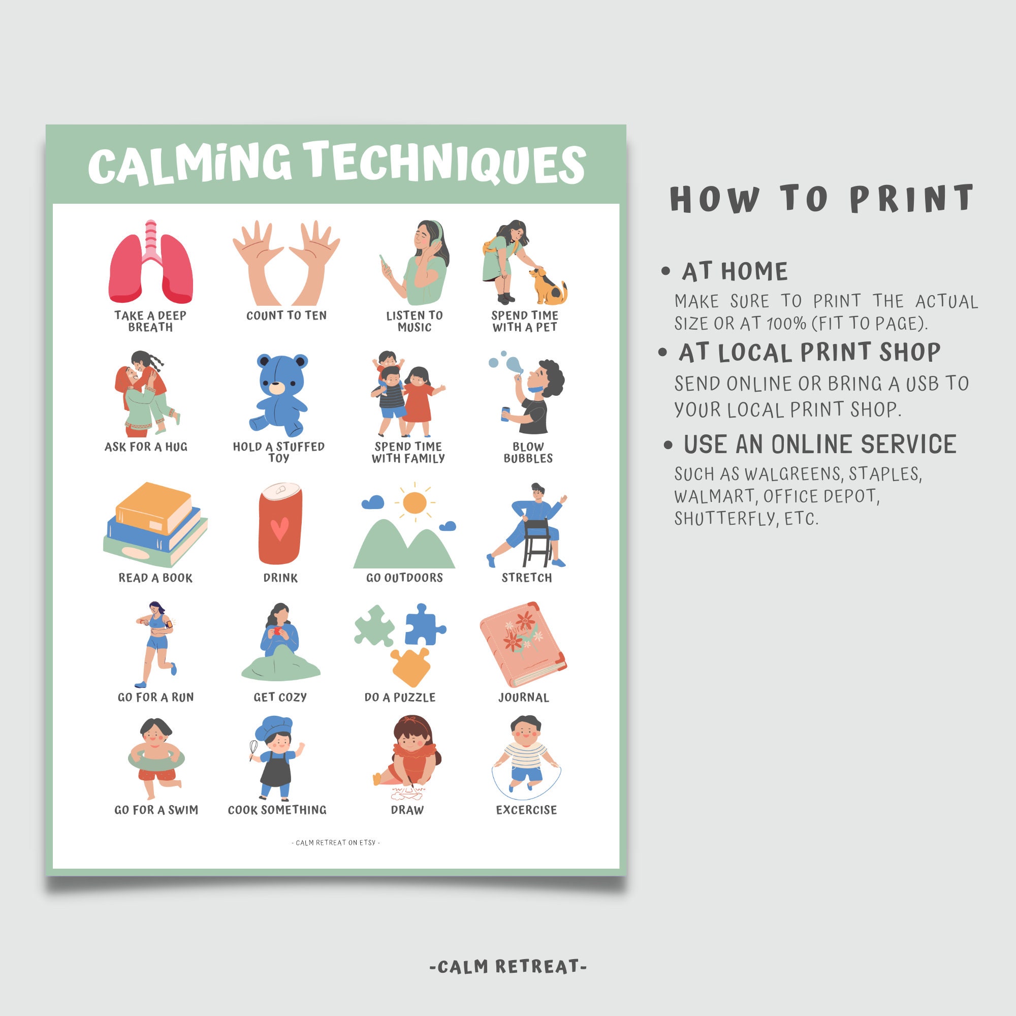20 Calming Techniques Chart for Kids Teens, Grounding Strategies Print ...