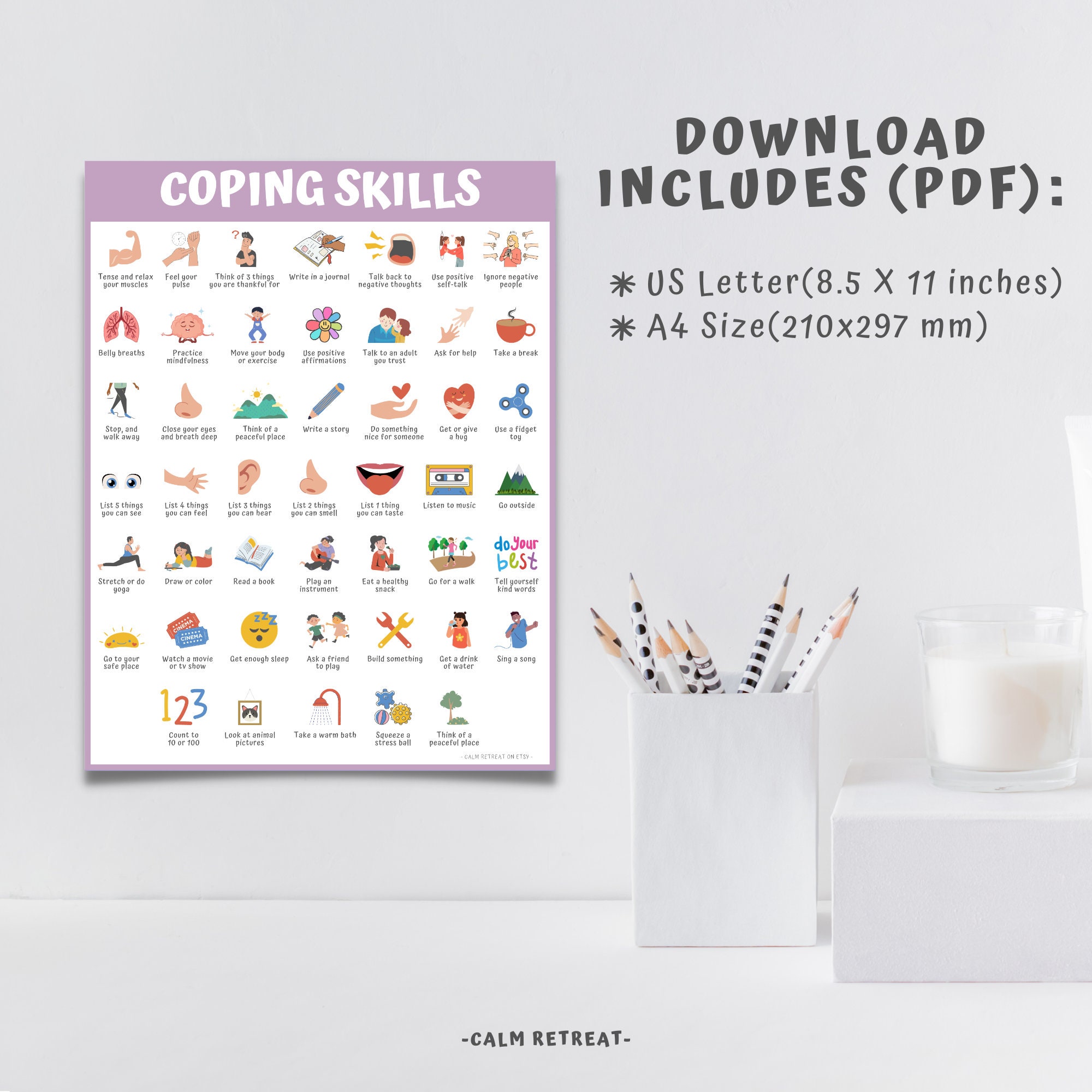 Coping Skills Alphabet Printable, Coping Skill, Therapy Office Decor ...