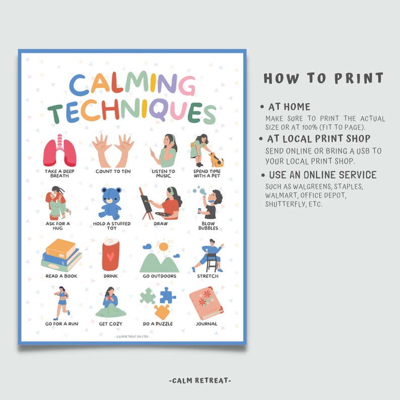 Calming Techniques Poster, Coping Techniques Wall Art for Kids, Calm ...