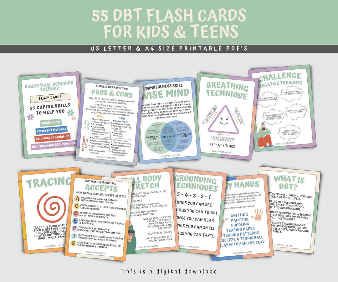 DBT Flash Cards, 55 Printable Cards, Self Help Cards, Coping Skills ...