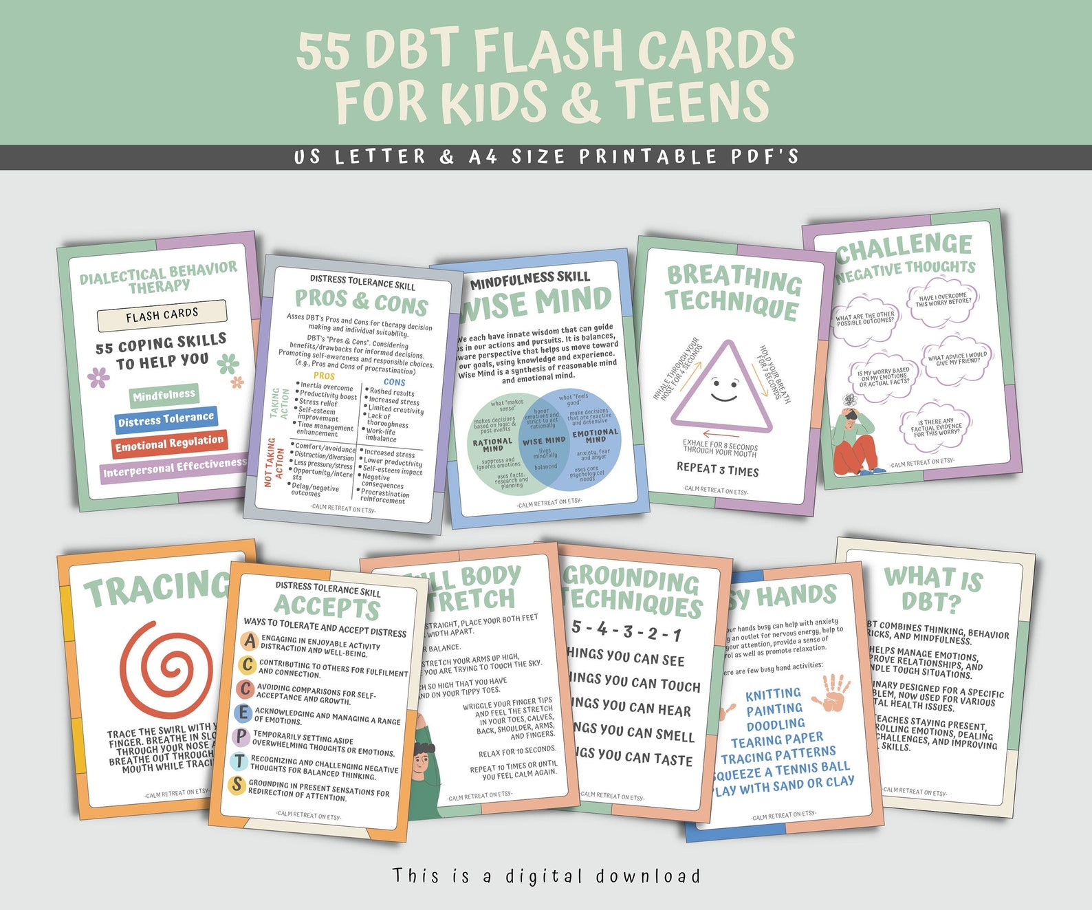 DBT Flash Cards, 55 Printable Cards, Self Help Cards, Coping Skills ...