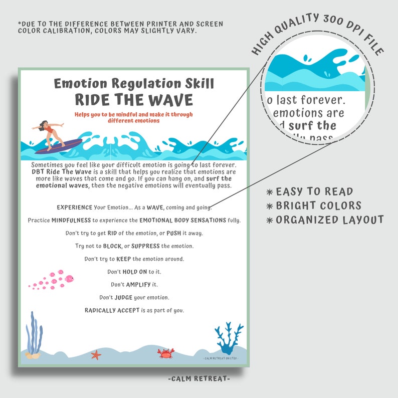 DBT Ride the Wave Handout: Emotion Regulation Skills, Therapy Office ...