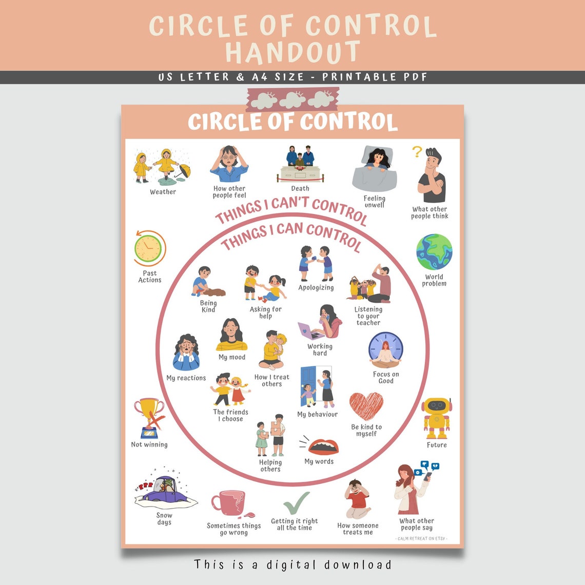 Circle of Control Handout, Mental Health Digital Poster, Self Care for ...