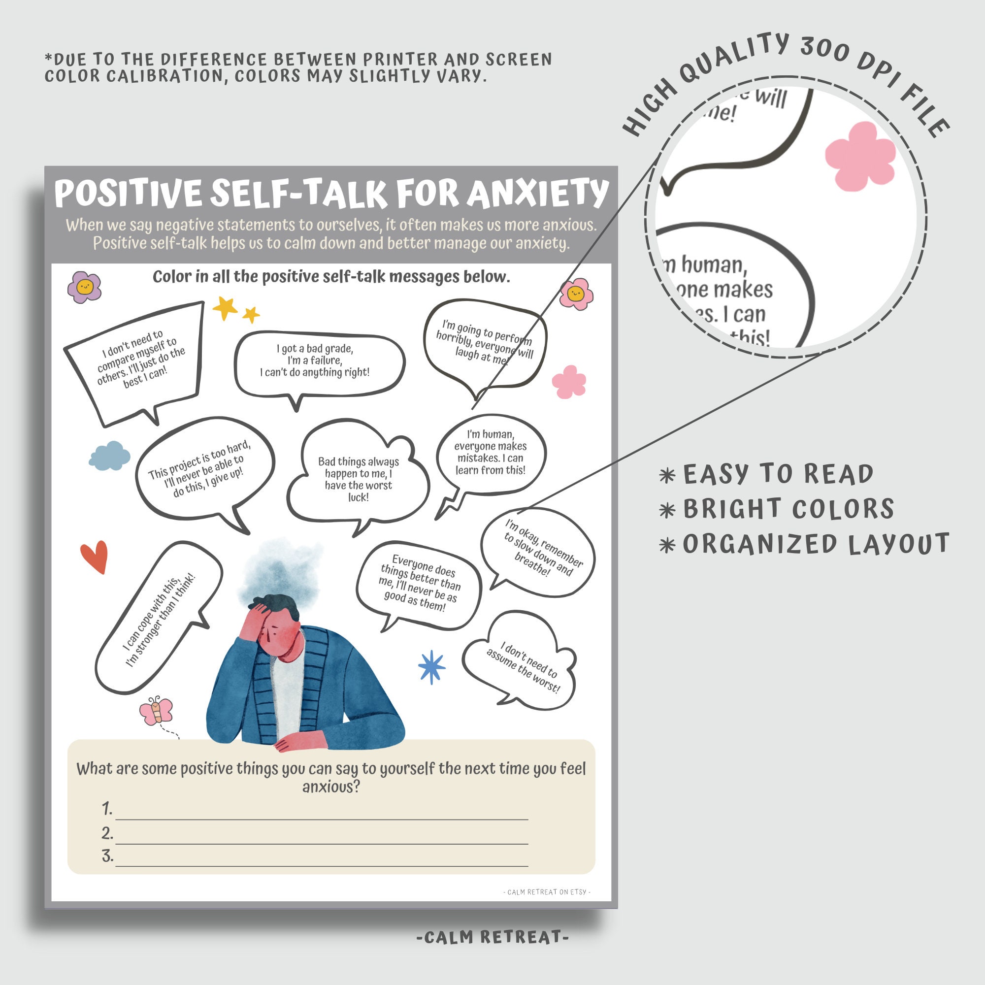 Positive Self-talk for Anxiety Worksheet: CBT Coping Skills (digital ...