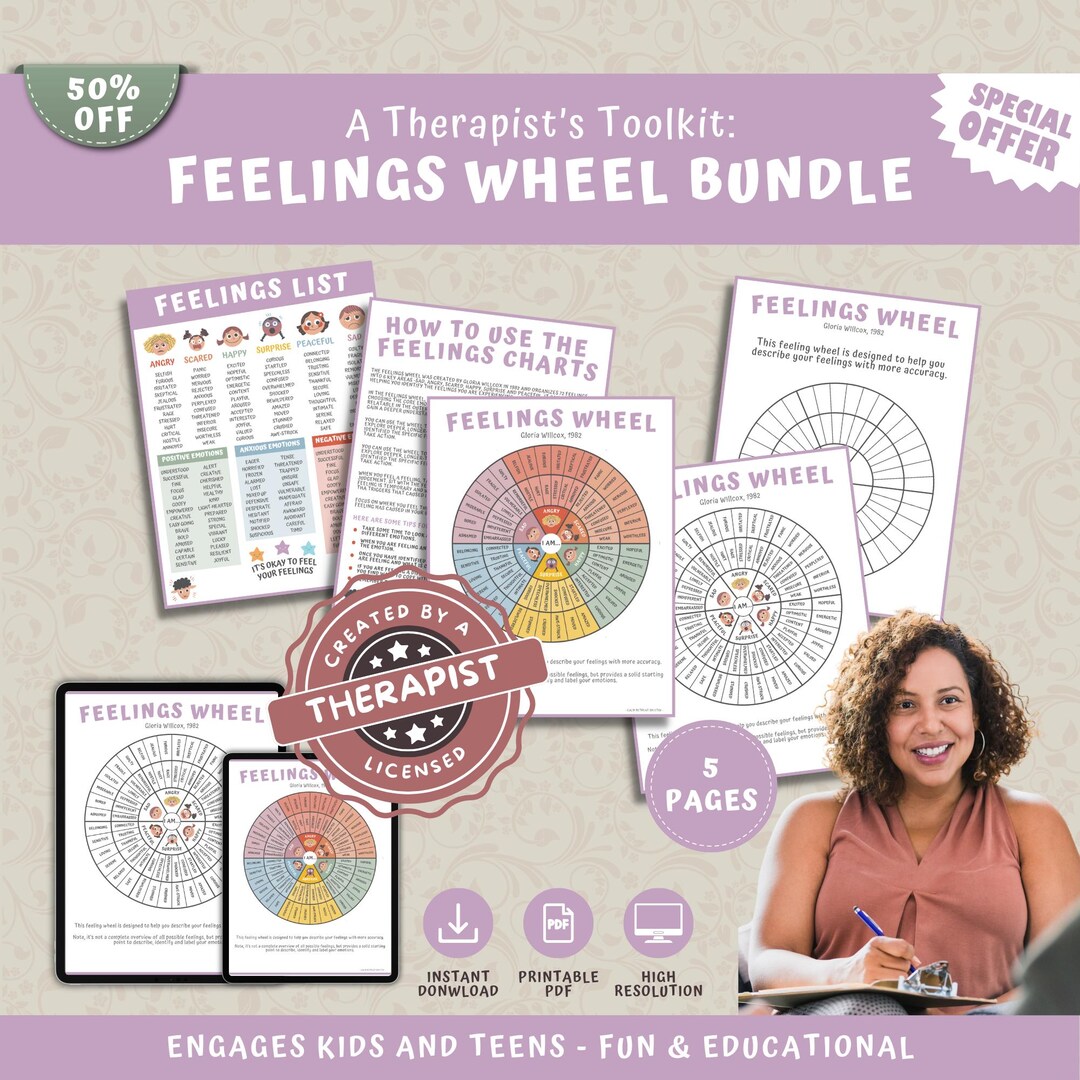 Feelings Wheel Bundle: Mental Health, Emotions List, Coloring Pages ...