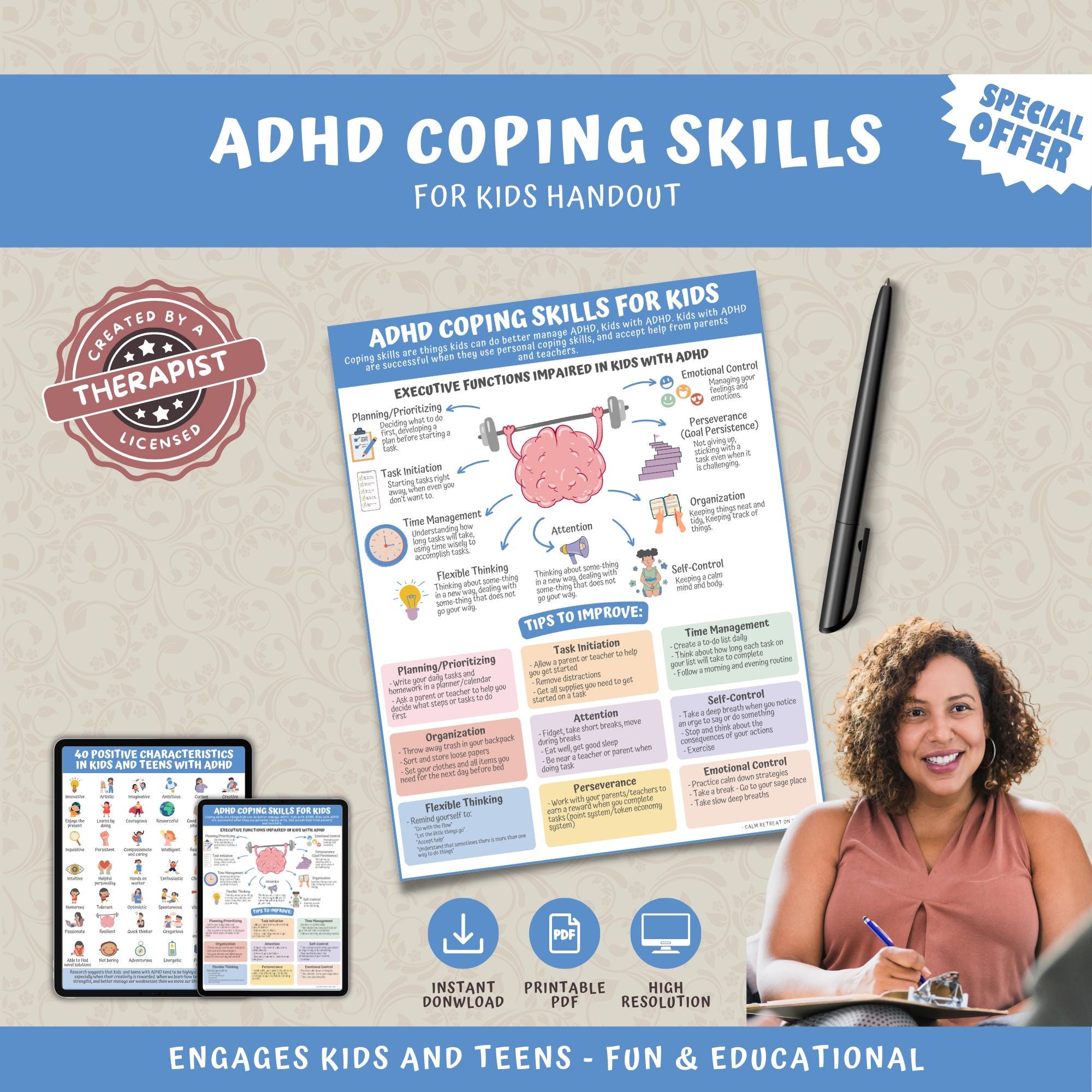 ADHD Coping Skills Handout for Kids: Executive Functioning Strategies ...