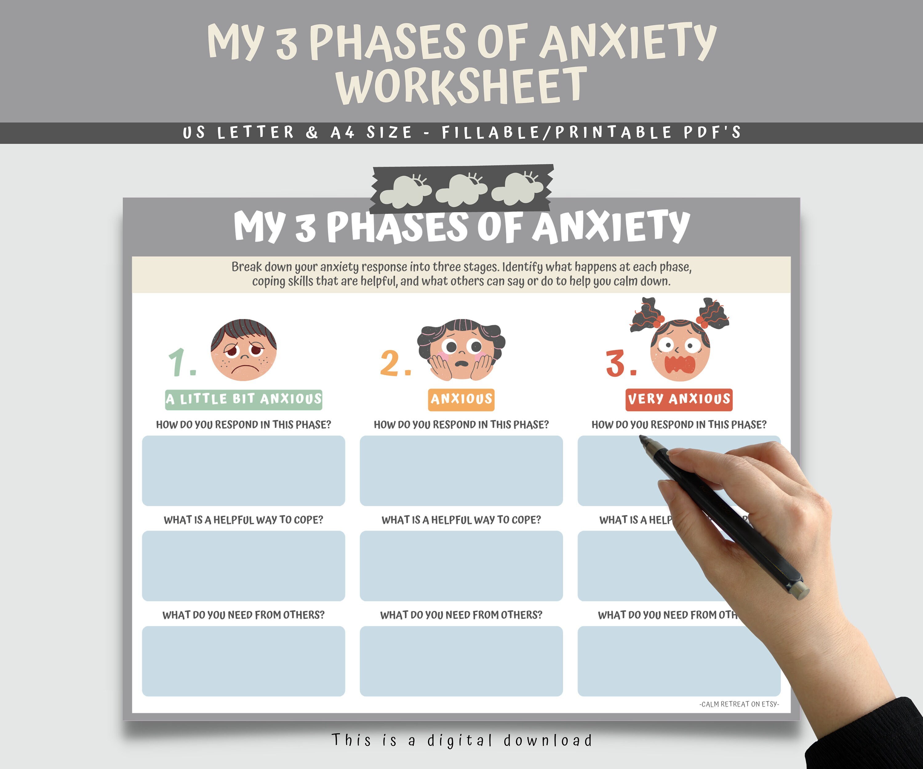 My 3 Phases of Anxiety Worksheet, Anxiety Resource, Therapy, Therapist ...
