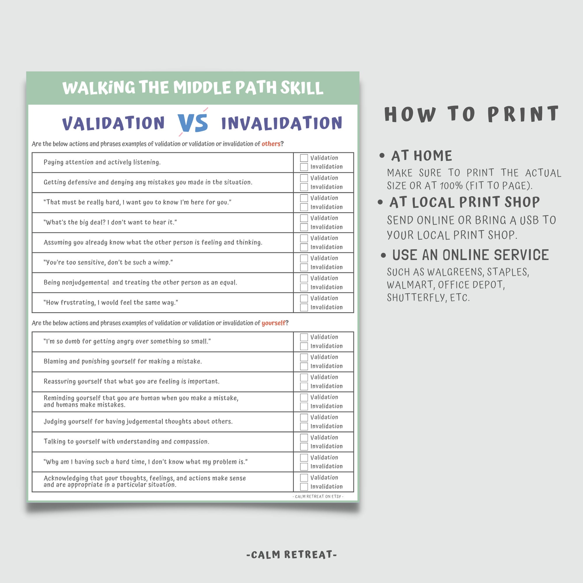 DBT Validation Worksheet: Interpersonal Skills, Middle Path (PDF ...