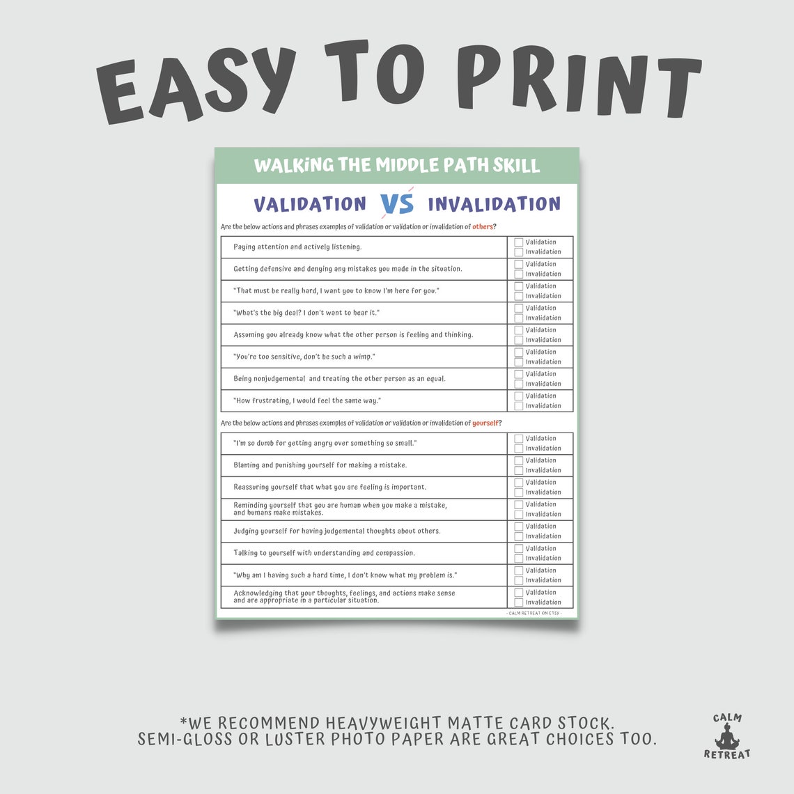 DBT Validation Worksheet: Interpersonal Skills, Middle Path (PDF ...