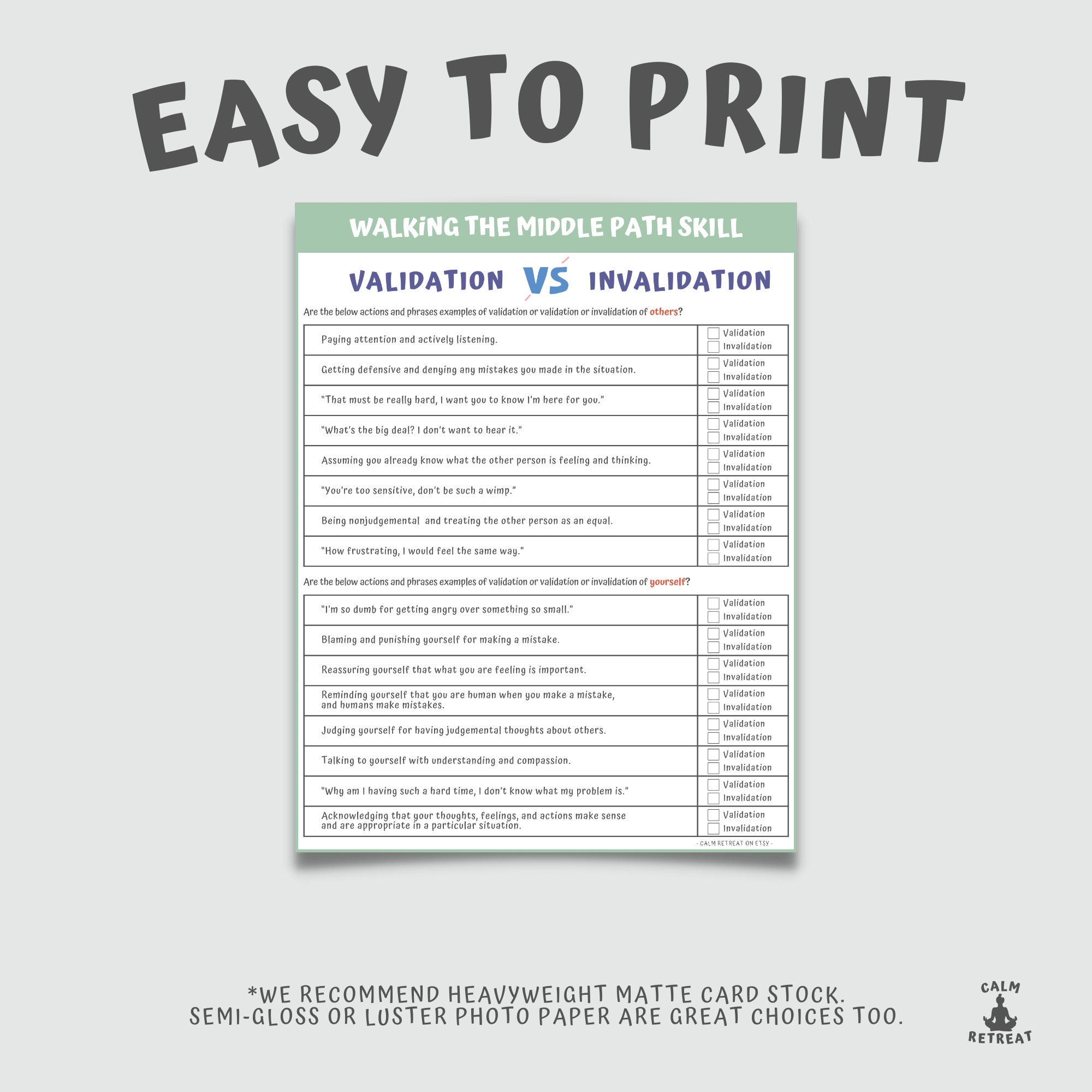 DBT Validation Worksheet: Interpersonal Skills, Middle Path (PDF ...