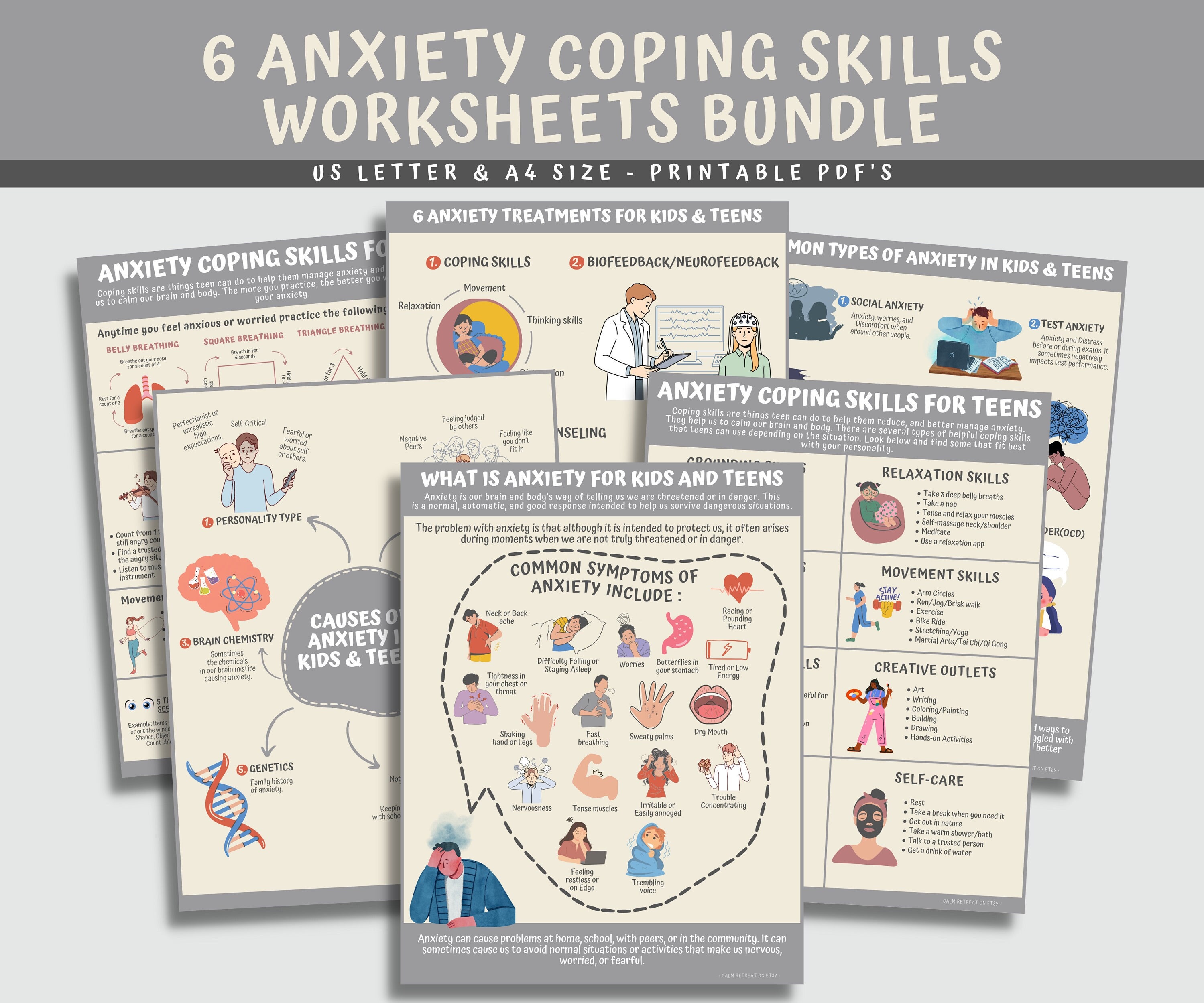 6 Anxiety Coping Skills Printable Handouts Bundle for Kids & Teens ...
