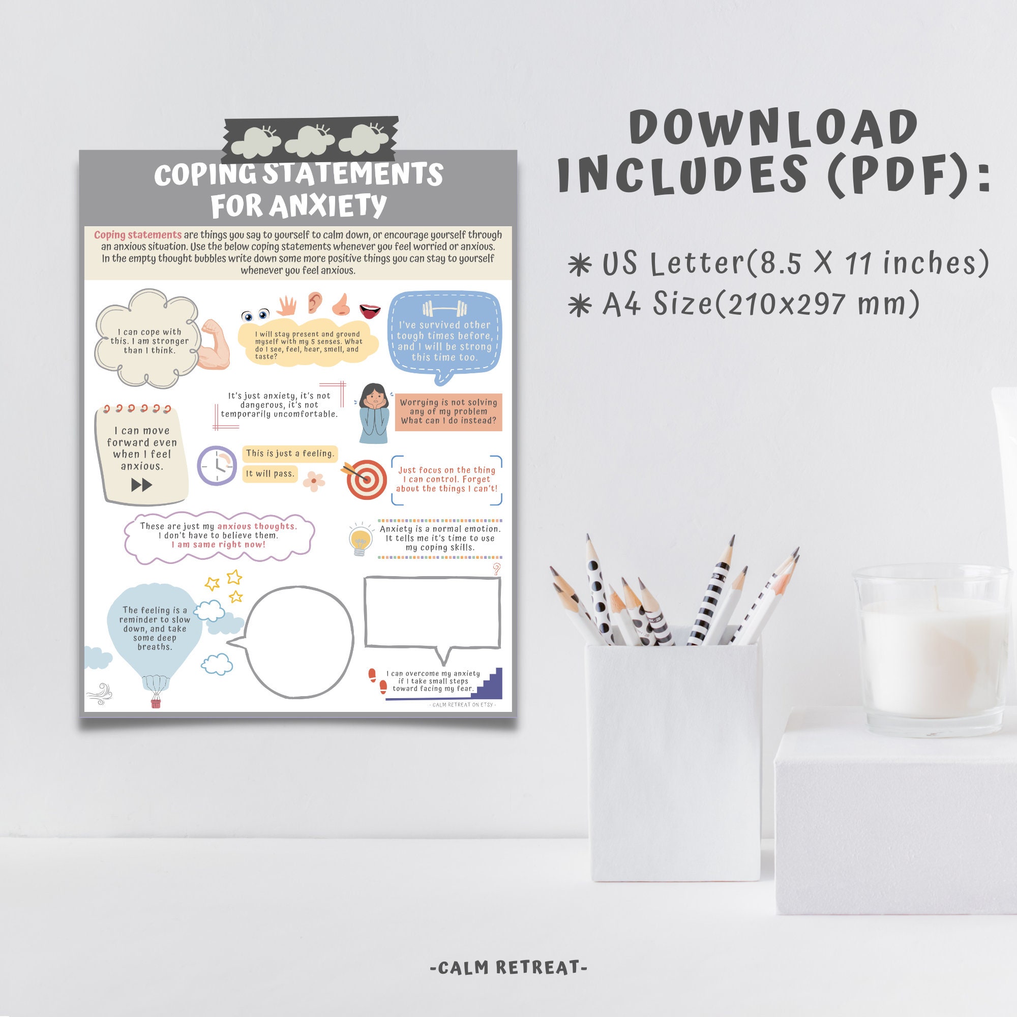 Anxiety Coping Statements Worksheet for Kids Teens, Anxiety Relief, CBT ...