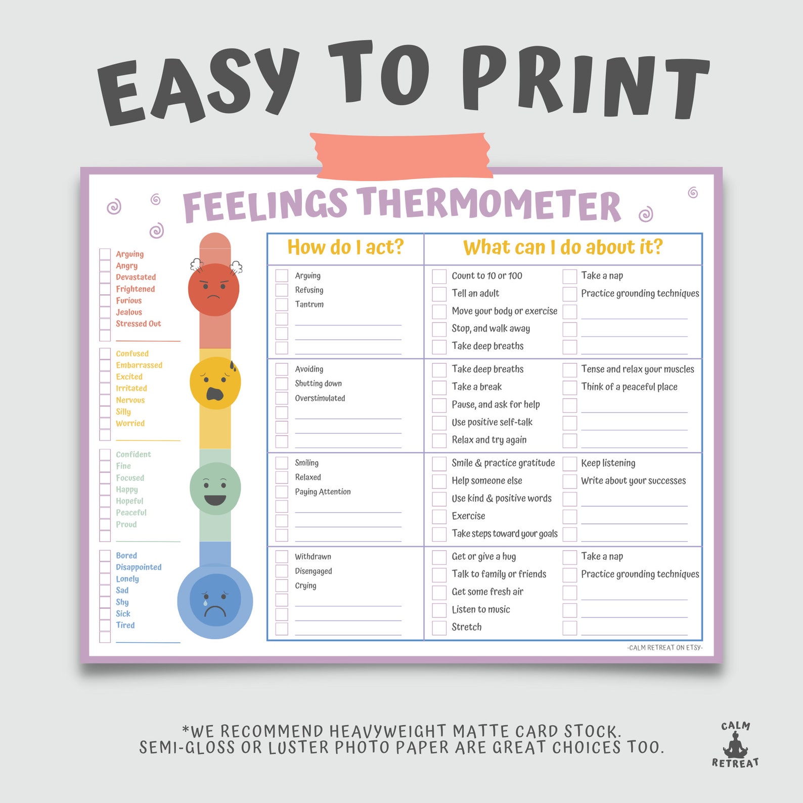Feelings Thermometer Worksheet, Printable Coping Skills Worksheets for ...