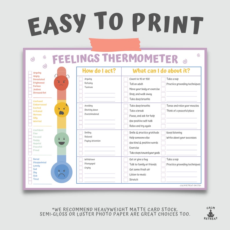 Feelings Thermometer Worksheet, Printable Coping Skills Worksheets for ...