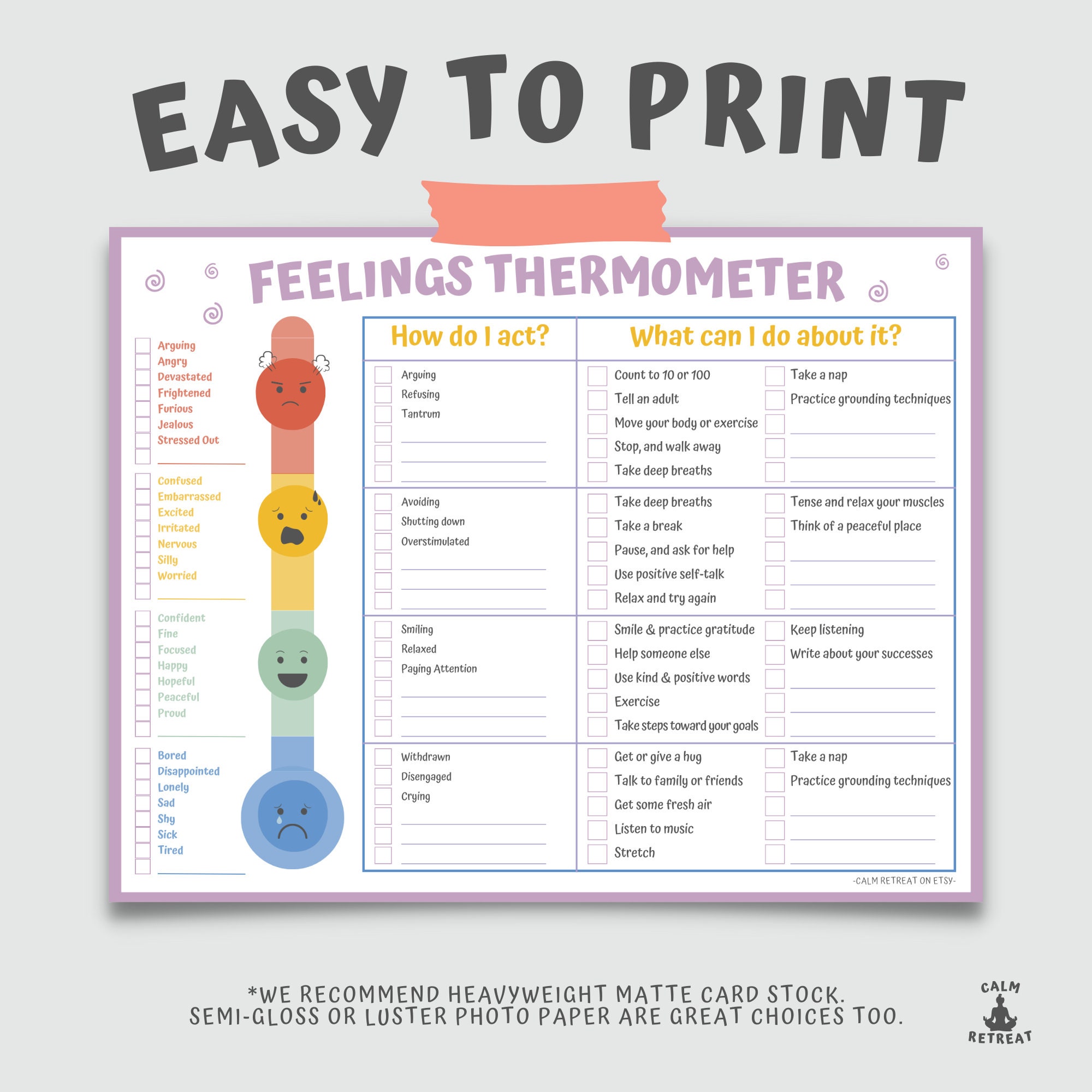 Feelings Thermometer Worksheet, Printable Coping Skills Worksheets for ...