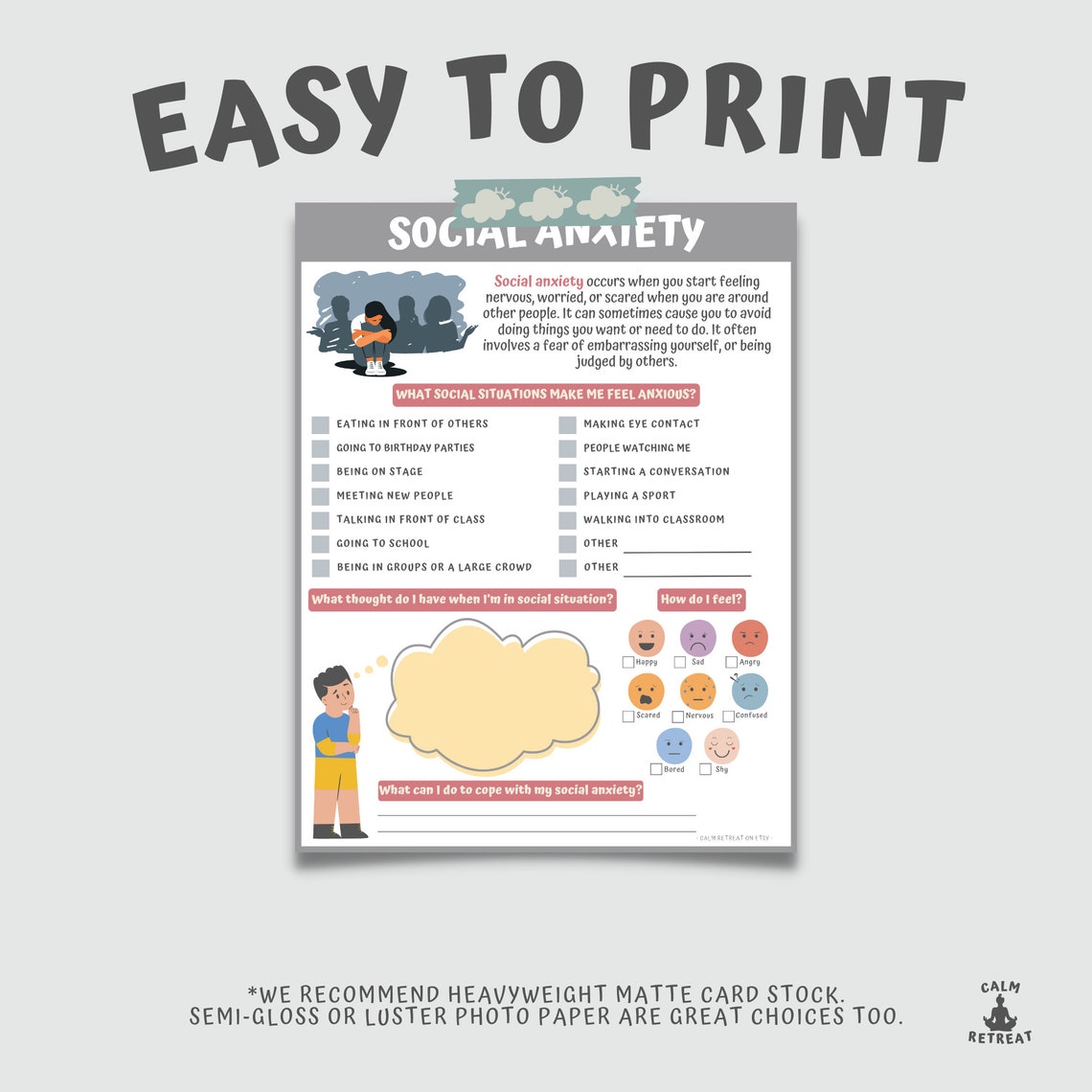 Social Anxiety Fillable Worksheet for Kids & Teens, Social Skills Group ...