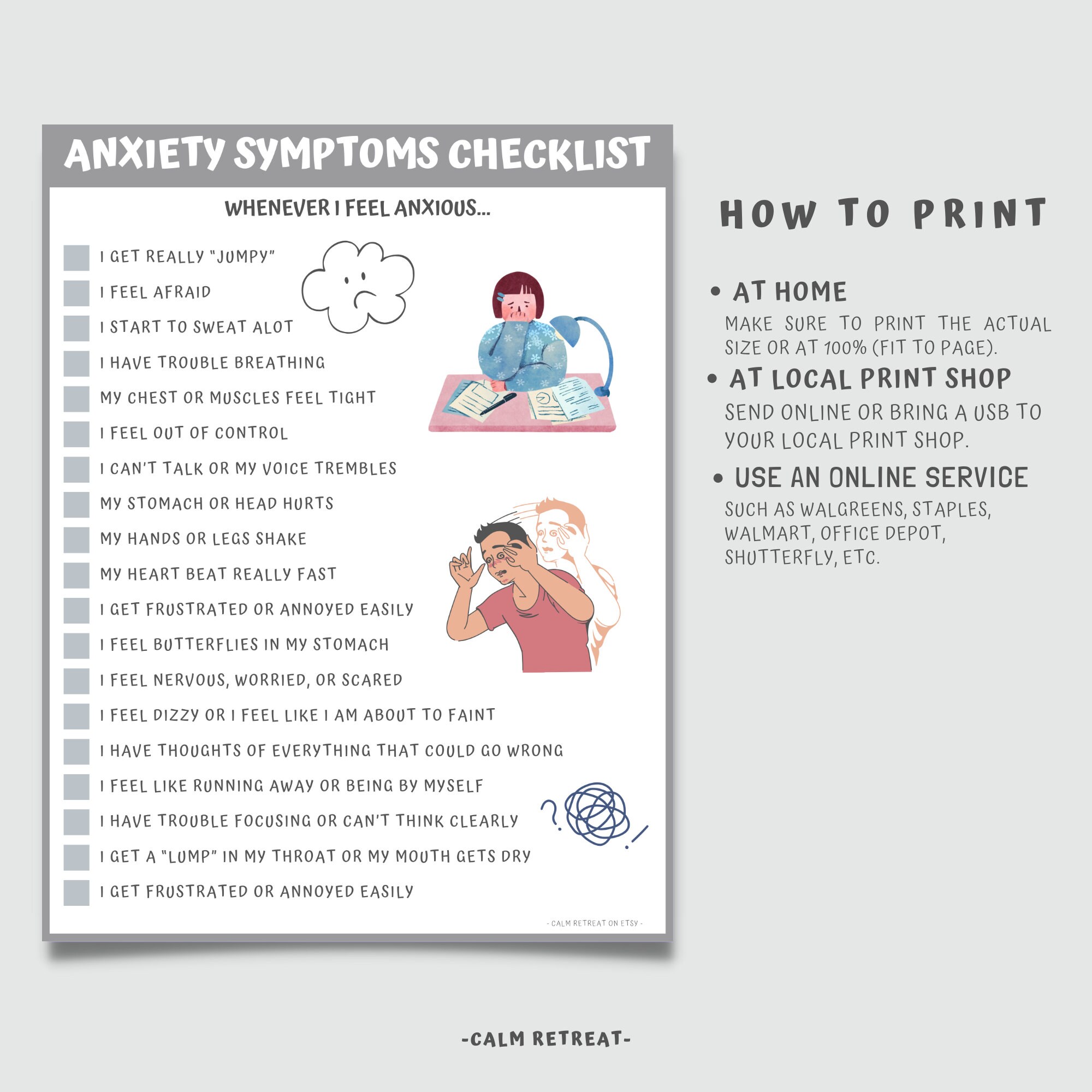 Anxiety Symptoms Checklist Worksheet for Kids & Teens, Worry Anxiety ...