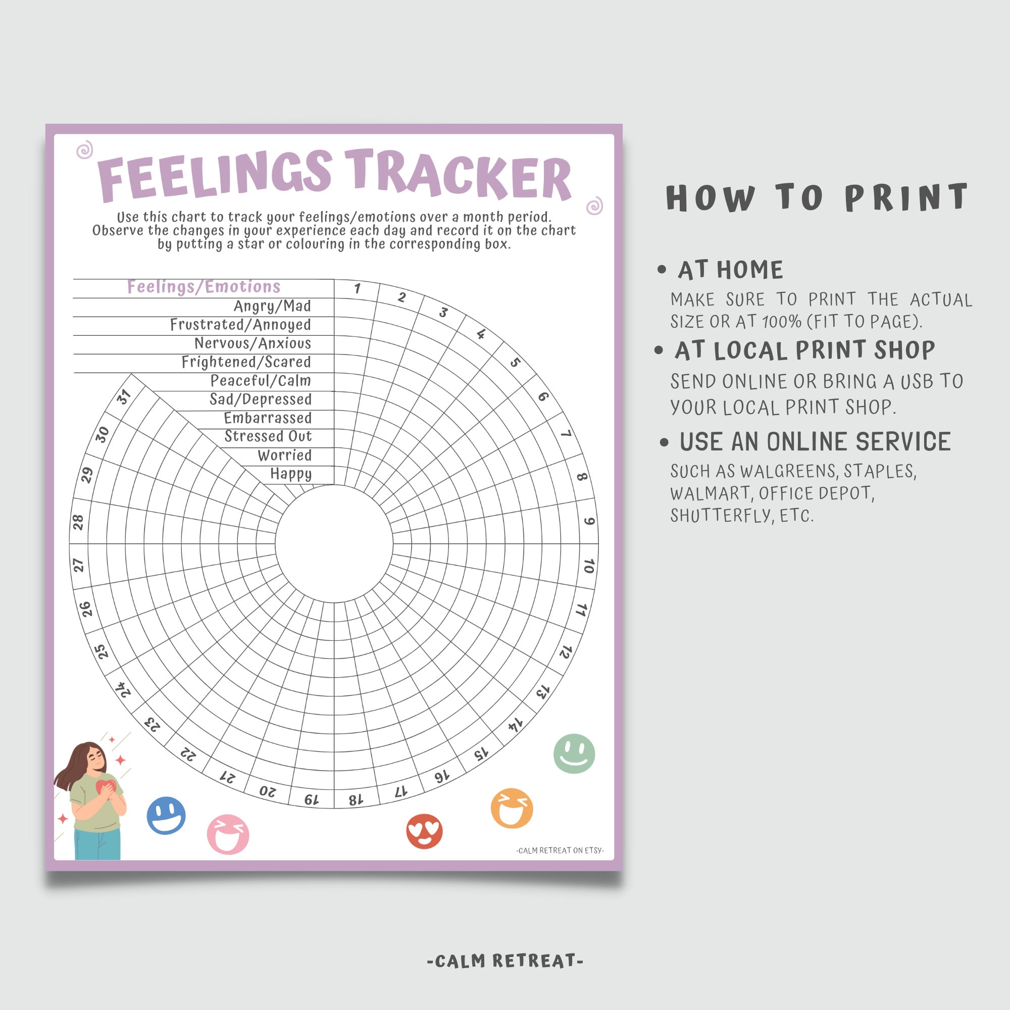 Feelings Emotions Monthly Tracker, Printable Worksheet for Kids ...