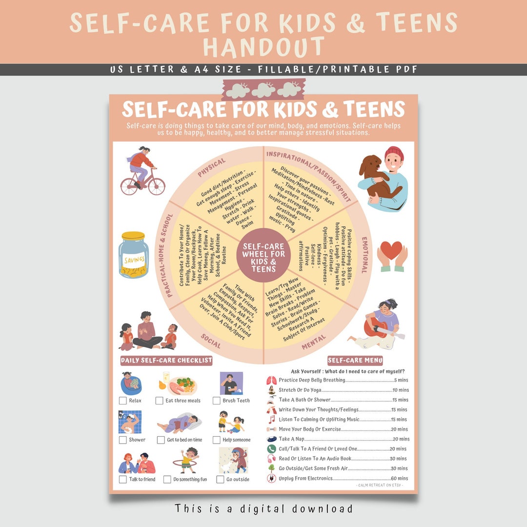 Self-care for Kids and Teens Printable Handout, Coping Skills, Mental ...