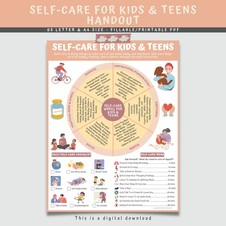 Self-care for Kids and Teens Printable Handout, Coping Skills, Mental ...