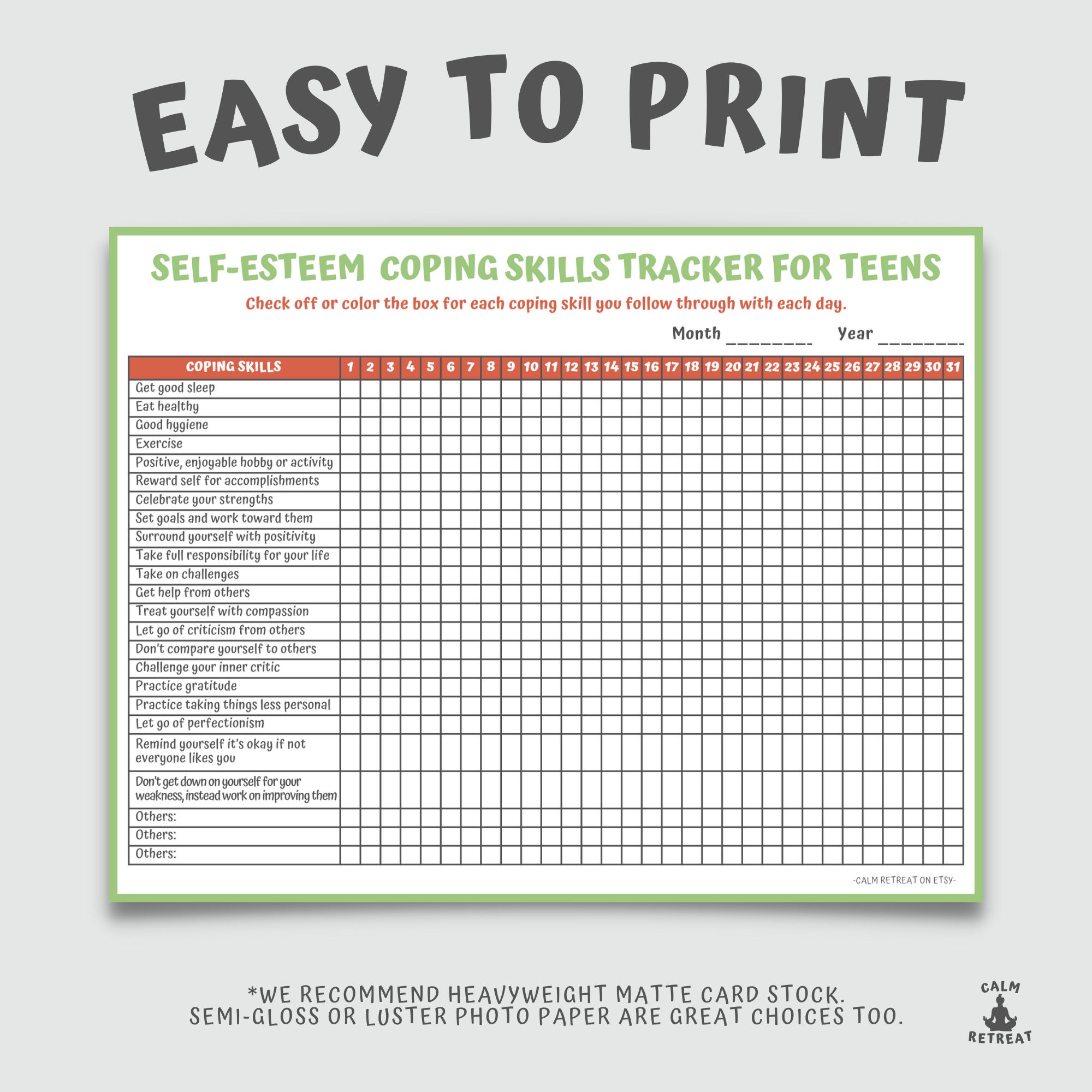 Coping Skills Tracker for Teens, Worksheet for Kids Teens, Growth ...