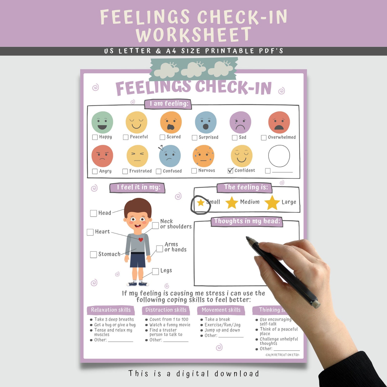 Feelings Check-in Worksheet for Kids, Emotions Identification via ...
