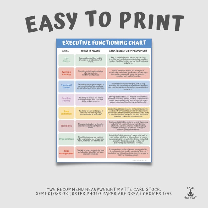 Executive Functioning Strategies Chart, ADHD Coping, Autism Therapeutic ...