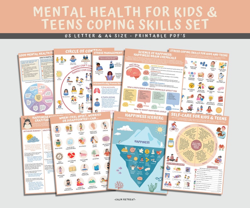 Mental Health Coping Skills Bundle for Kids & Teens 9 Pages, Therapy ...