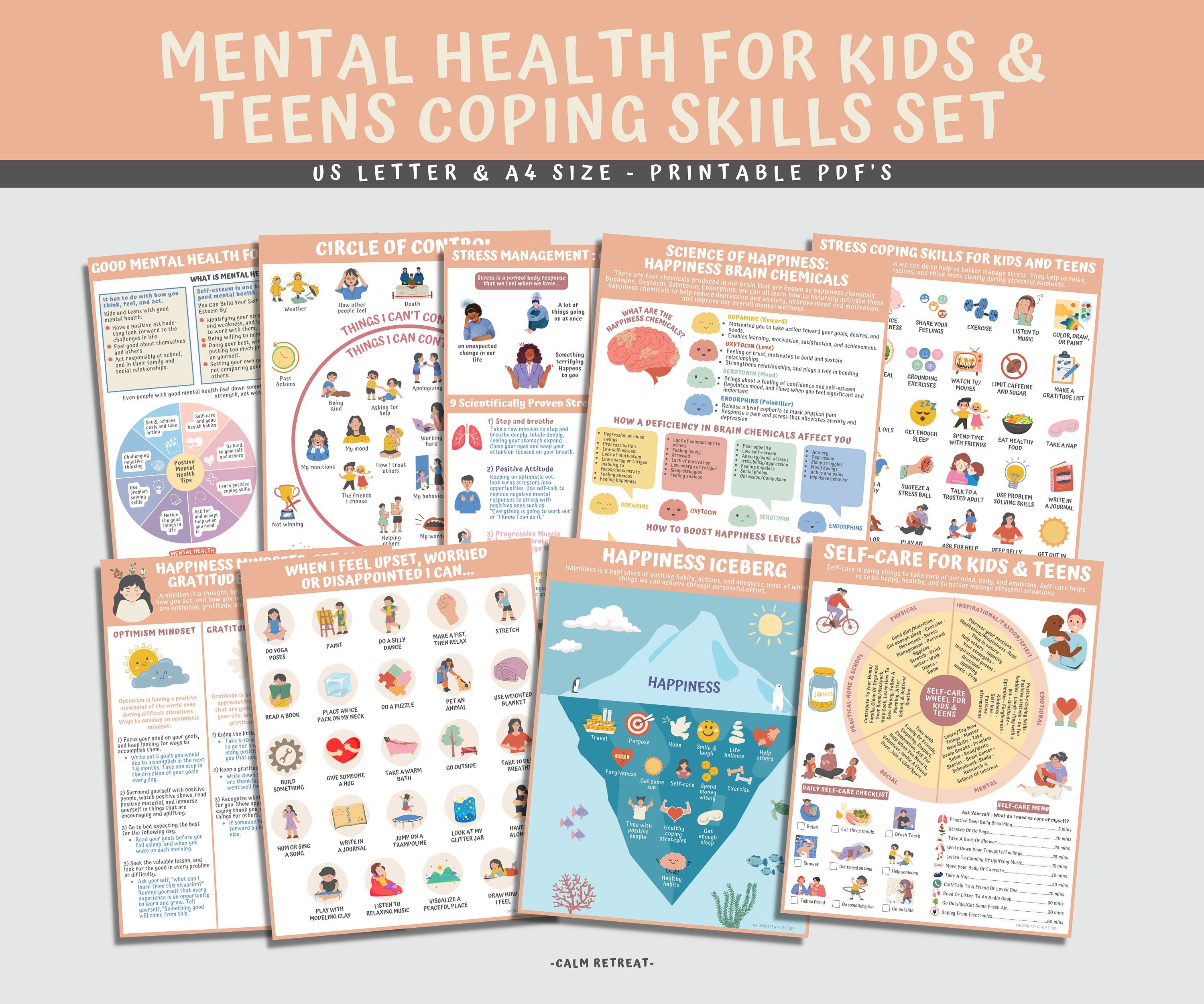 Mental Health Coping Skills Bundle for Kids & Teens 9 Pages, Therapy ...