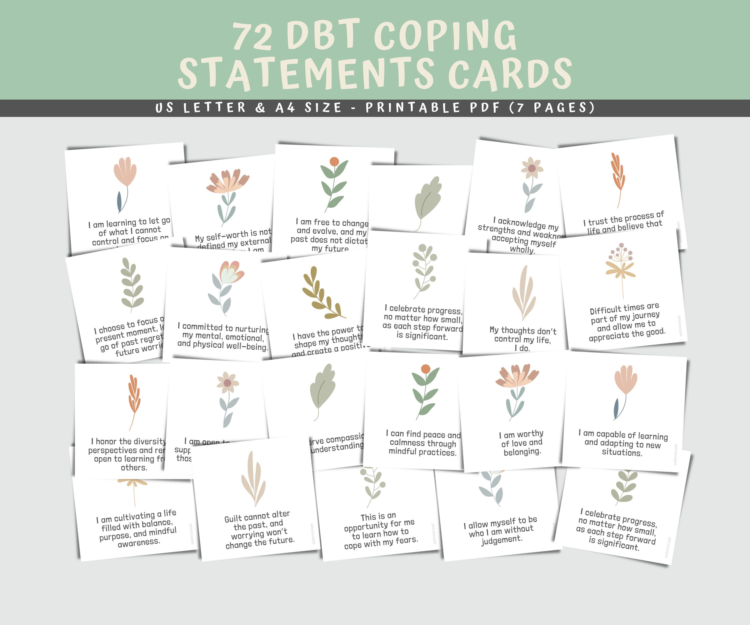 72 DBT Affirmation Cards, DBT Coping Skills Cards, Anxiety Statement ...