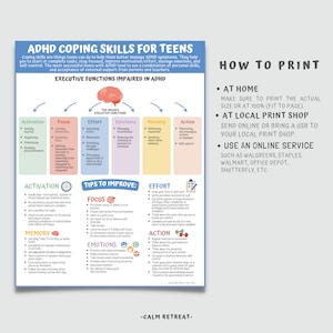 ADHD Coping Skills Handout Poster for Teens, Executive Functioning ...