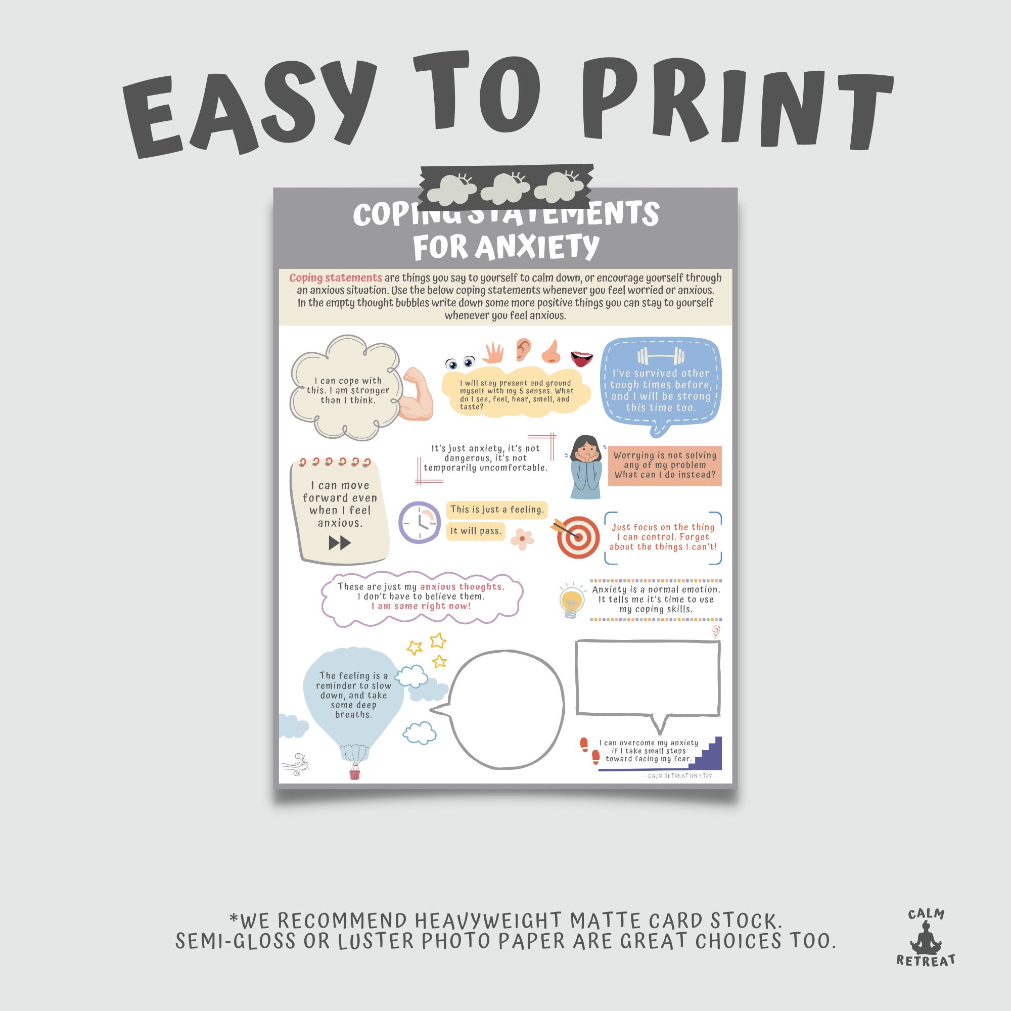 Anxiety Coping Statements Worksheet for Kids Teens, Anxiety Relief, CBT ...