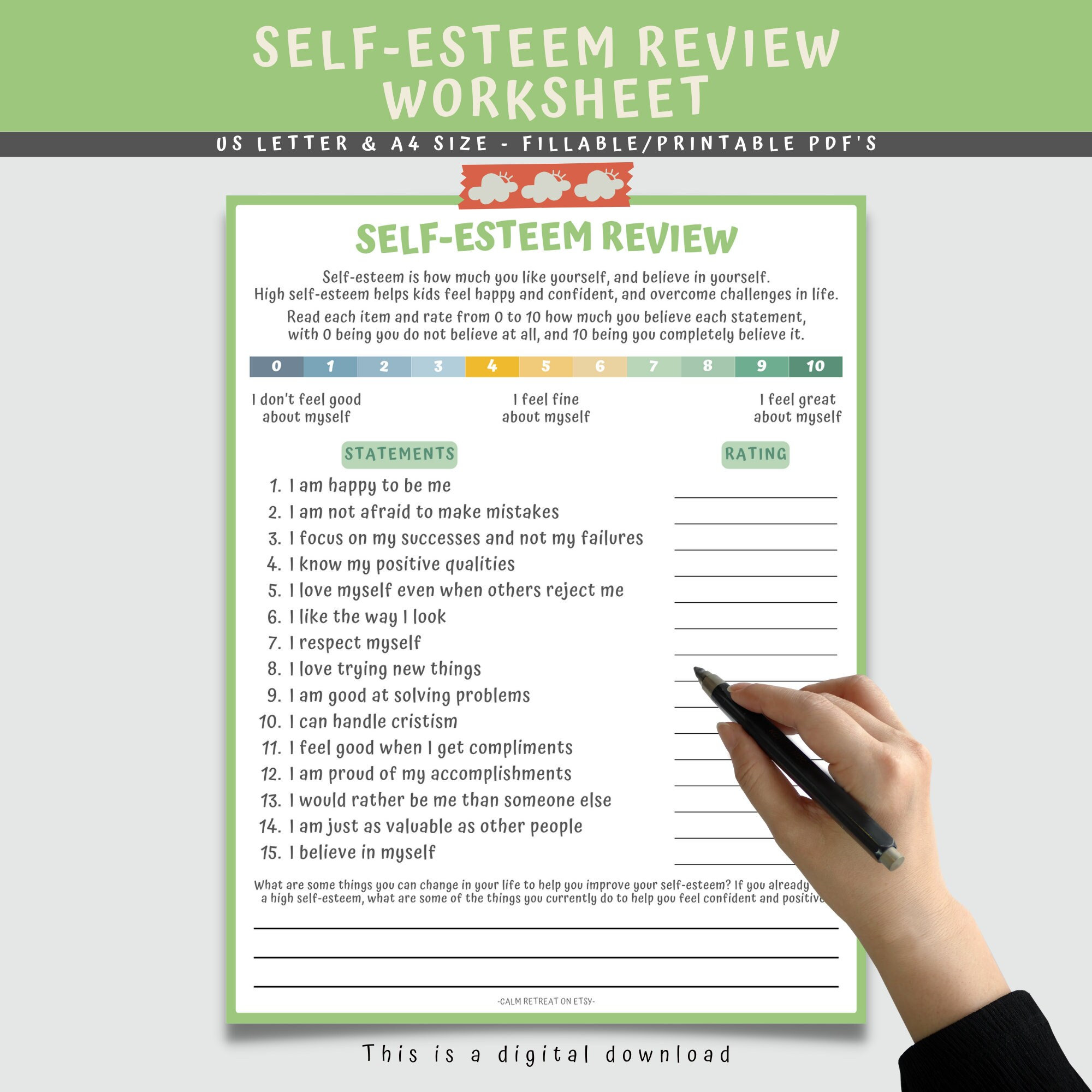 Self-esteem Review Worksheet: Mental Health Activity for Kids & Teens ...