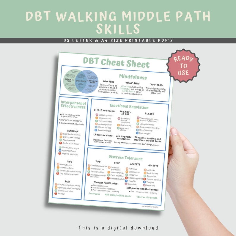 DBT Cheat Sheet, DBT Skills, Borderline, Bpd, Therapy Worksheet, Mental ...