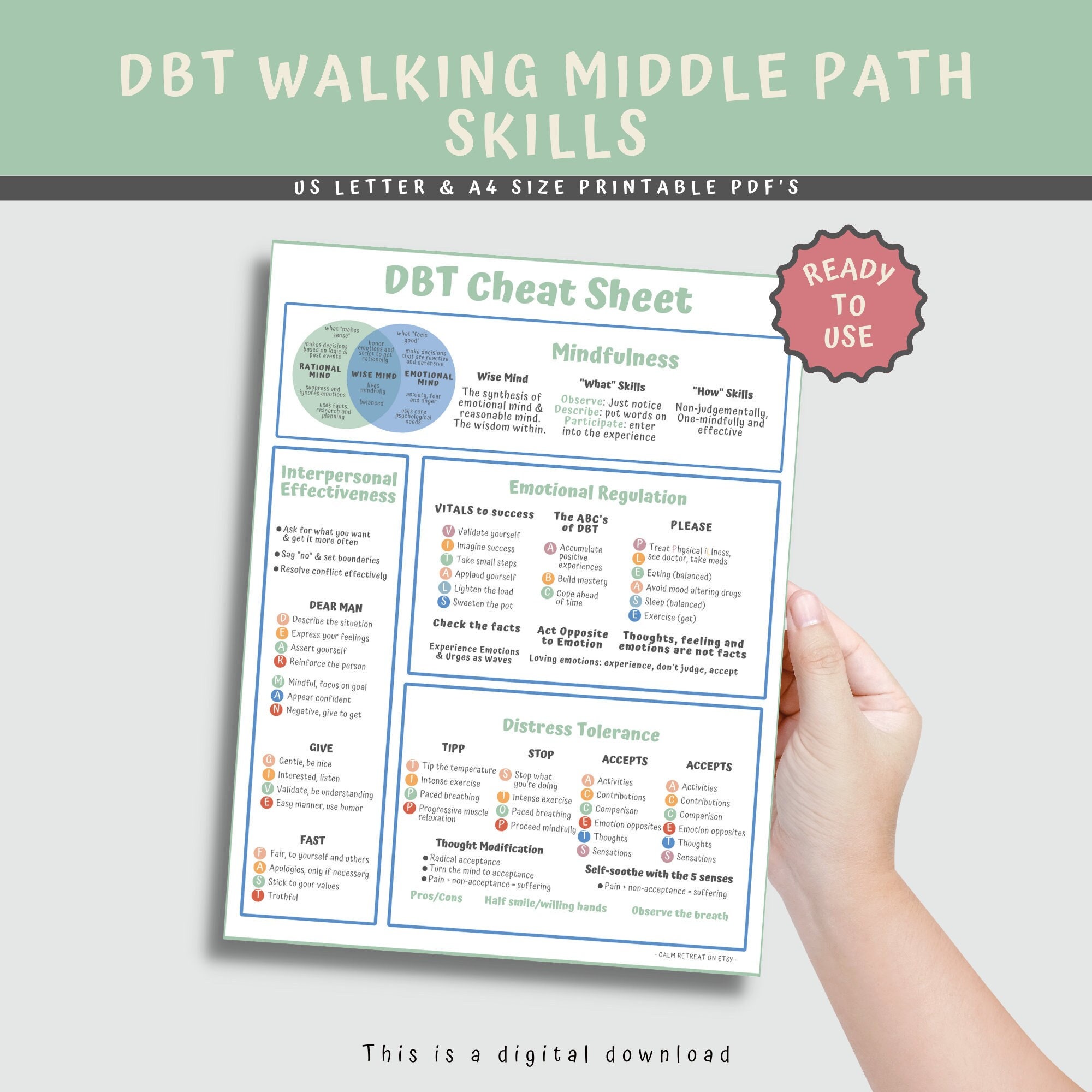 DBT Cheat Sheet, DBT Skills, Borderline, Bpd, Therapy Worksheet, Mental ...