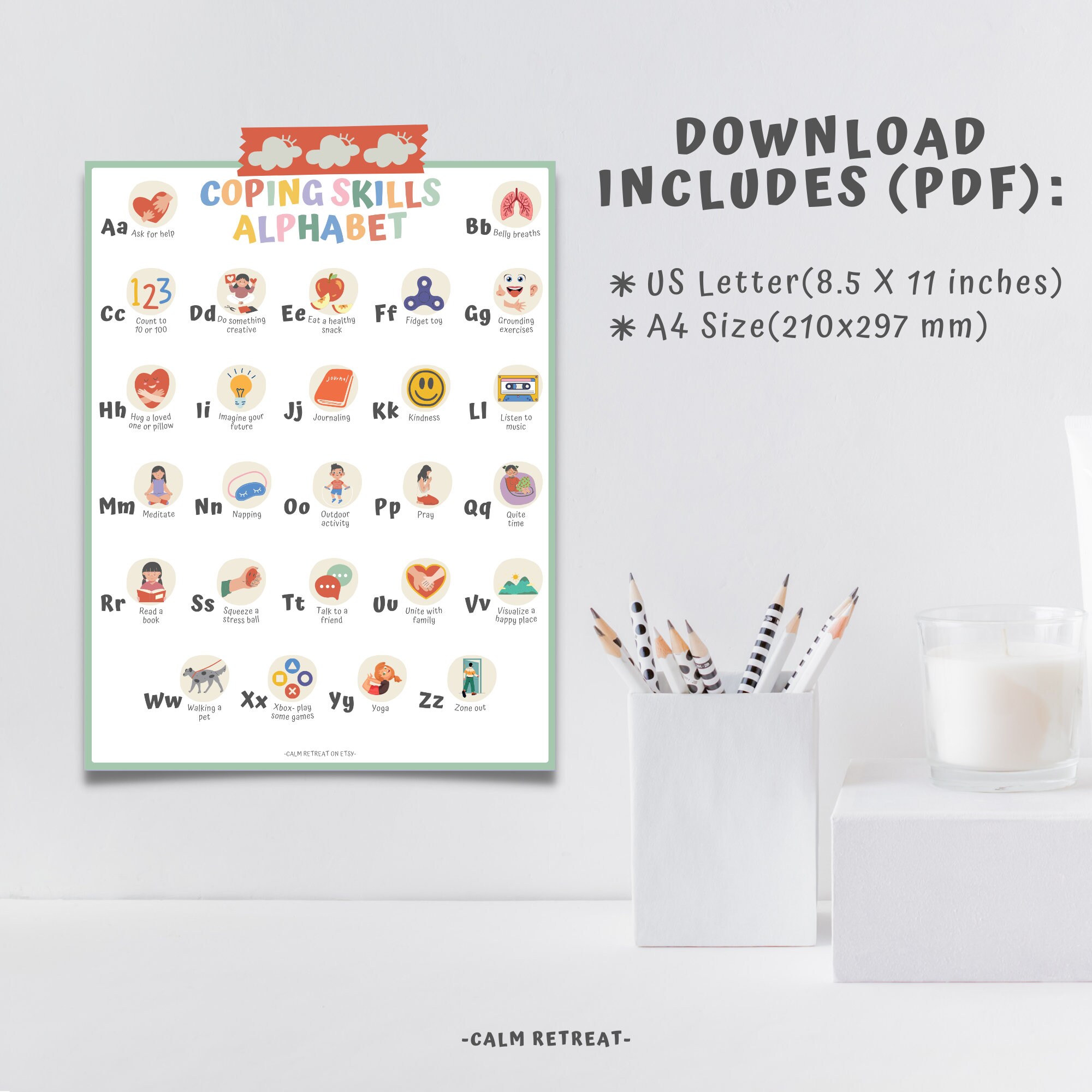 Coping Skills Alphabet Printable, Alphabet Coping Skill, Therapy Office ...