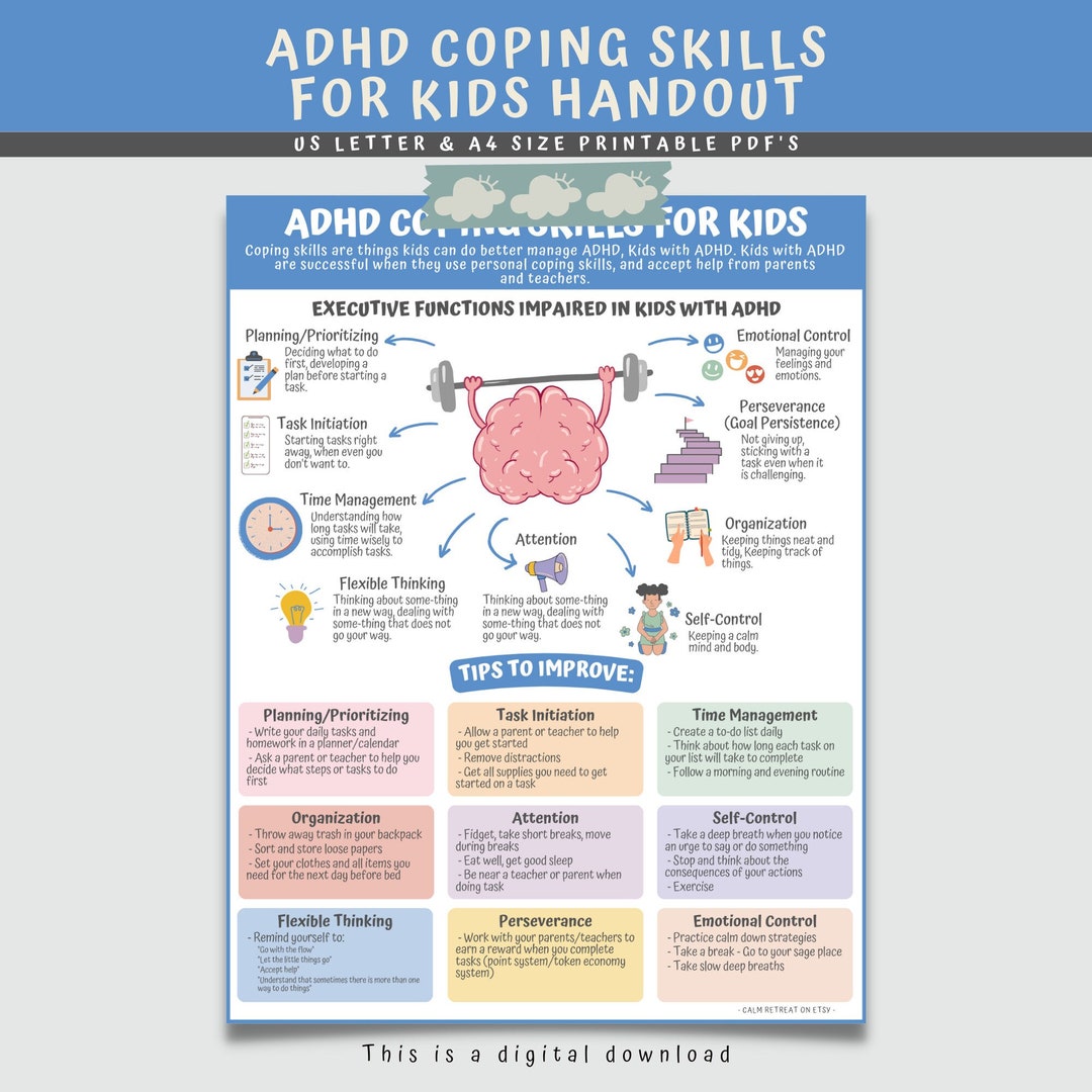 ADHD Coping Skills Handout for Kids, Executive Functioning Skills ...